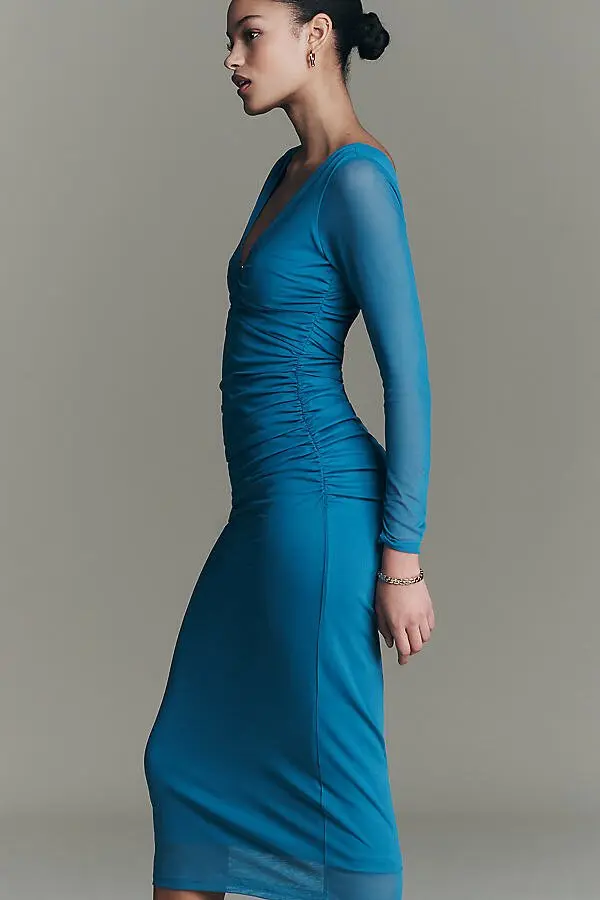 Long-Sleeve Deep-V Hardware Midi Dress by Anthropologie in Blue, Size: XS