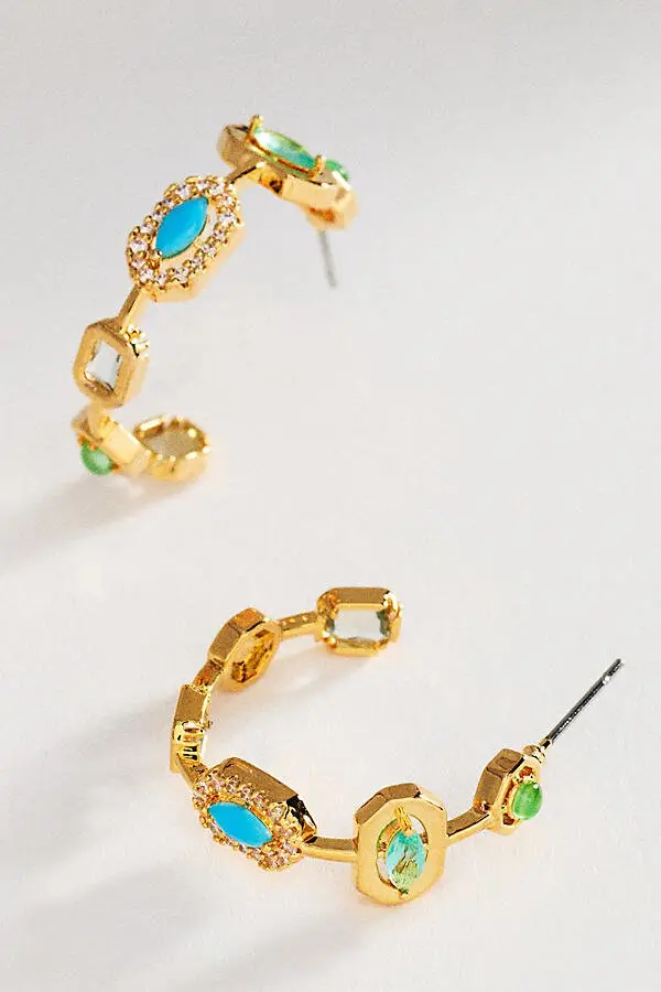 Anthropologie Mixed Crystal Mini Hoop Earrings - Blue/olive