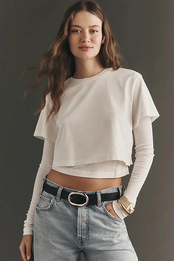 AGOLDE Romily Layered Long-sleeve Organic Cotton T-shirt Top - White Ash