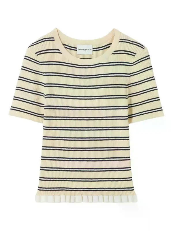 Claudie Pierlot Striped Ribbed Knit Top With Ruffle Hem