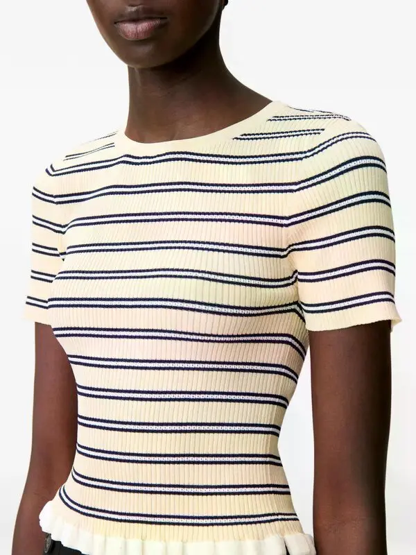 Claudie Pierlot Striped Ribbed Knit Top With Ruffle Hem