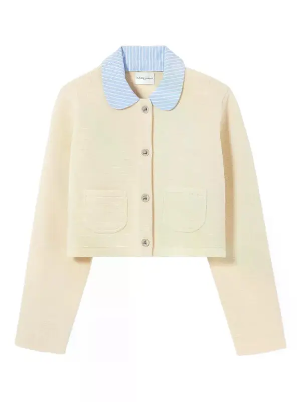 Claudie Pierlot Knit Cardigan With Jewelled Buttons And Striped Collar - Neutrals