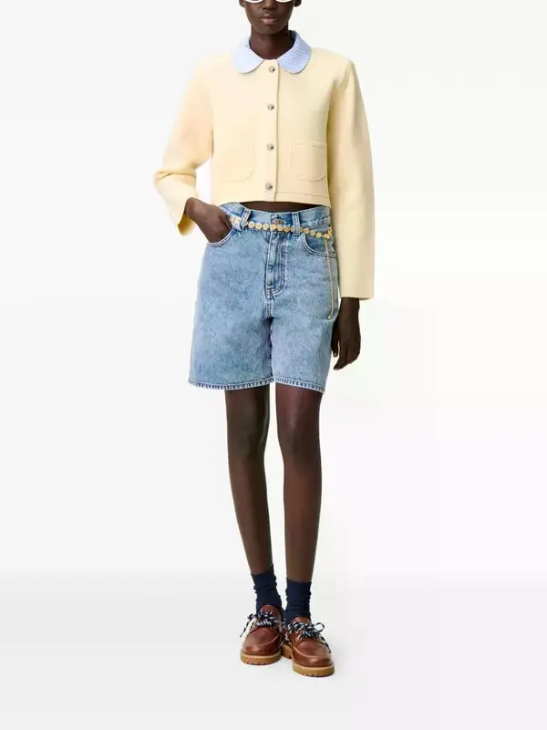 Claudie Pierlot Knit Cardigan With Jewelled Buttons And Striped Collar - Neutrals