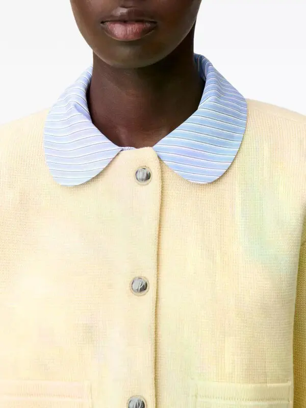 Claudie Pierlot Knit Cardigan With Jewelled Buttons And Striped Collar - Neutrals