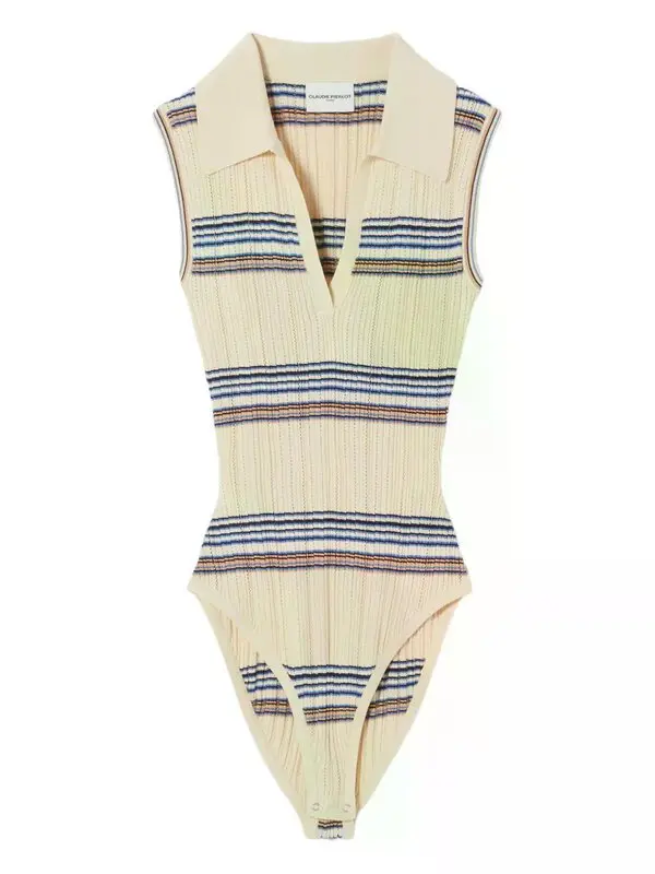 Claudie Pierlot Sleeveless Striped Knit Bodysuit With Polo Collar - Neutrals