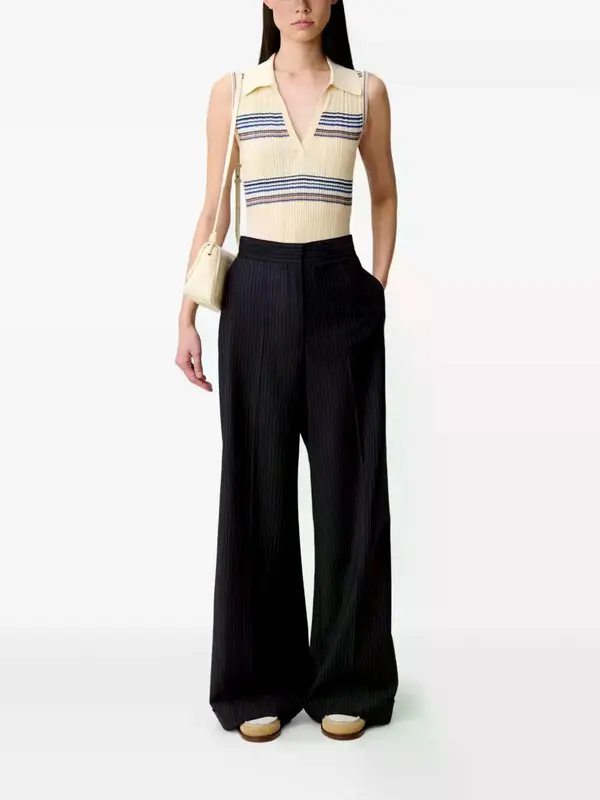 Claudie Pierlot Sleeveless Striped Knit Bodysuit With Polo Collar - Neutrals