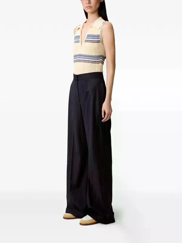 Claudie Pierlot Sleeveless Striped Knit Bodysuit With Polo Collar - Neutrals