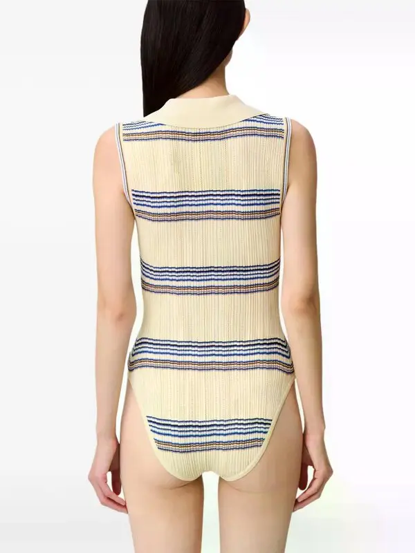 Claudie Pierlot Sleeveless Striped Knit Bodysuit With Polo Collar - Neutrals