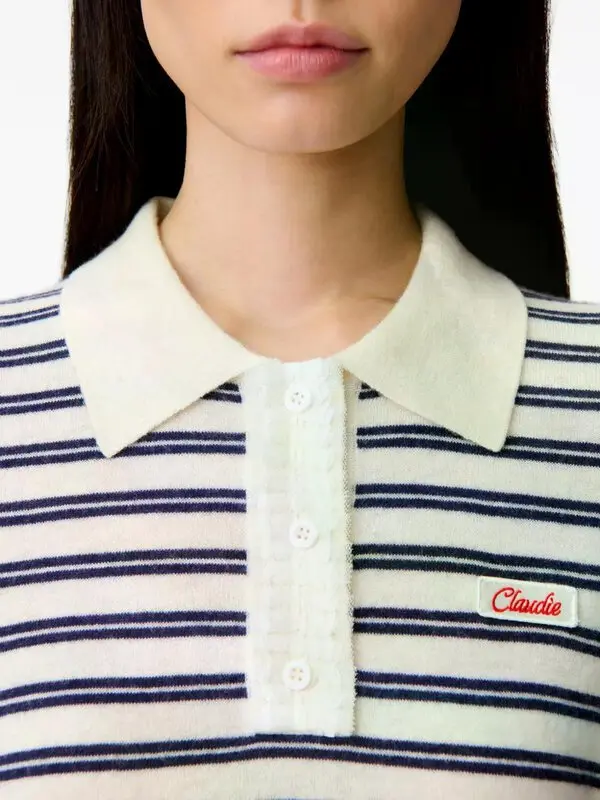 Claudie Pierlot Striped Embroidered Logo Polo Top - Neutrals
