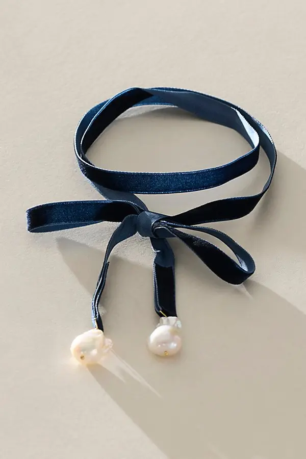 KOZAKH Bolo Bow Pearl Necklace - Navy