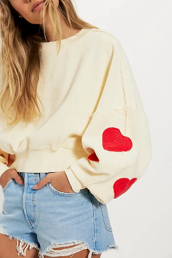 TRICIA FIX Crochet Heart Crew Neck Sweater