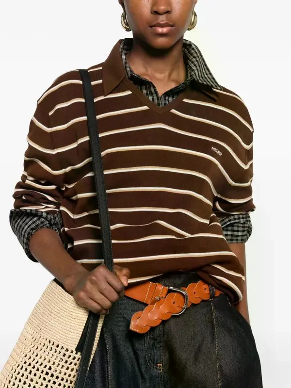 Miu Miu Striped Knit Polo Shirt - Brown