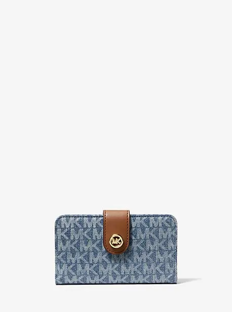 Michael Kors Mk Pop Charm Medium Signature Logo Print Denim Wallet - Blue