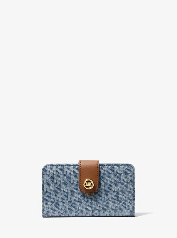 Michael Kors Mk Pop Charm Medium Signature Logo Print Denim Wallet In By - Blue