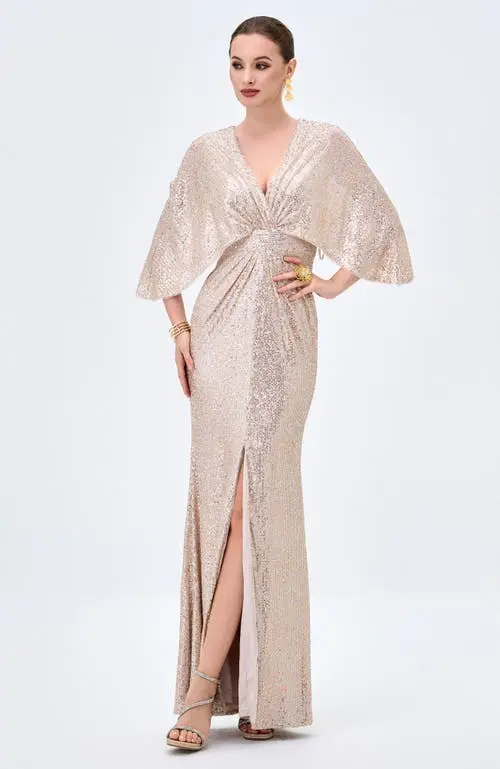 BARIANO Oprah Cape Sequin Gown - Nude/copper