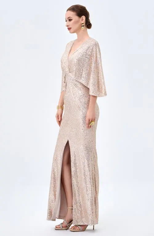 BARIANO Oprah Cape Sequin Gown - Nude/copper