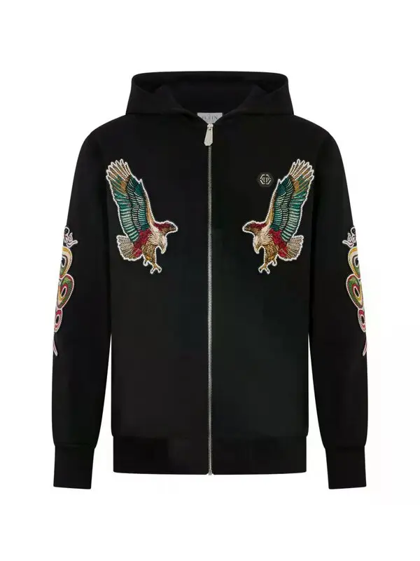 Philipp Plein Zip-up Hoodie With Patches And Rhinestone Embellishments