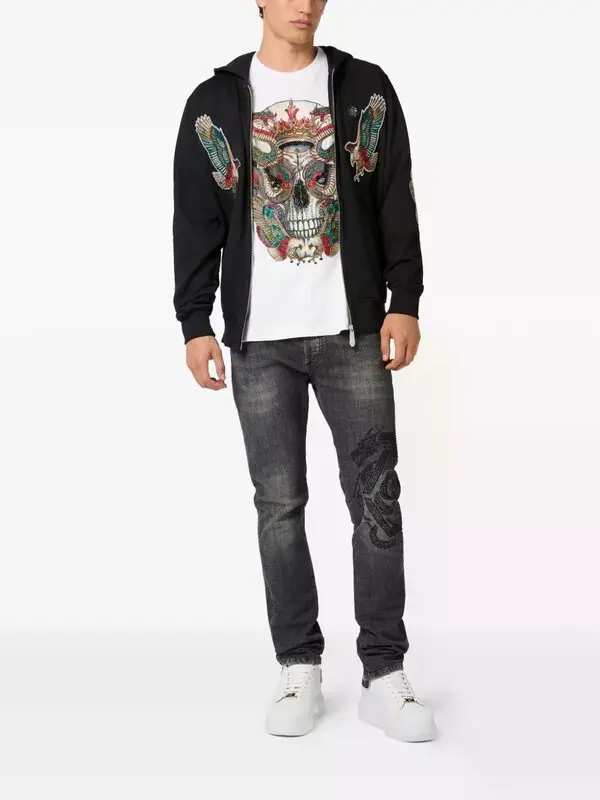Philipp Plein Zip-up Hoodie With Patches And Rhinestone Embellishments