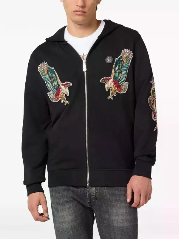 Philipp Plein Zip-up Hoodie With Patches And Rhinestone Embellishments