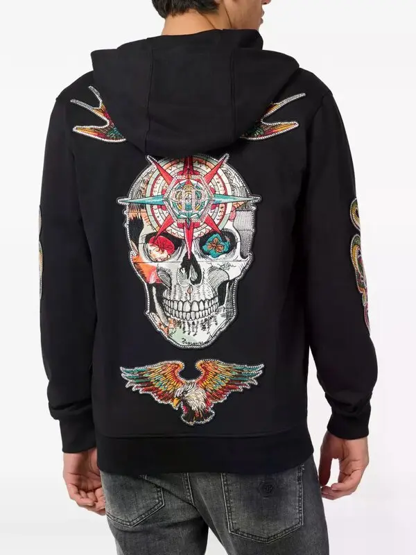 Philipp Plein Zip-up Hoodie With Patches And Rhinestone Embellishments