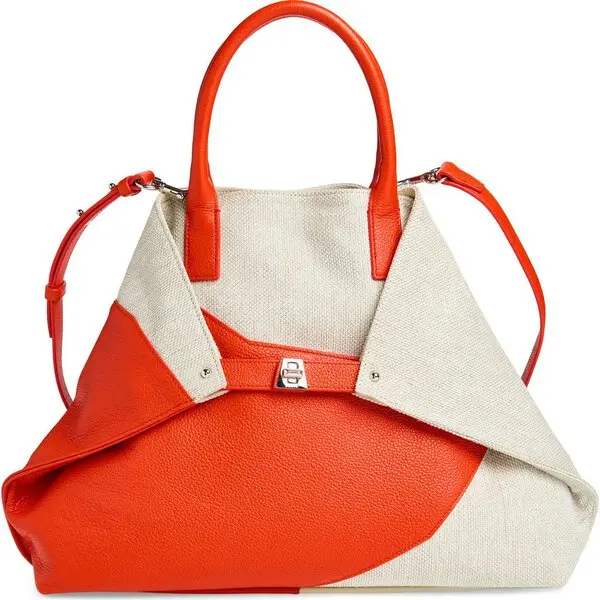 Akris Canvas & Leather Convertible Shoulder Tote - Orange/ivory