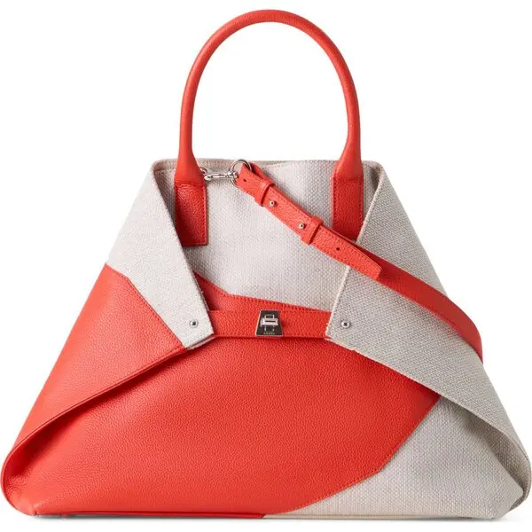 Akris Canvas & Leather Convertible Shoulder Tote - Orange/ivory