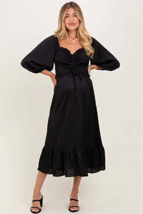 PINKBLUSH Satin Smocked Cinched Bust Midi Dress - Black