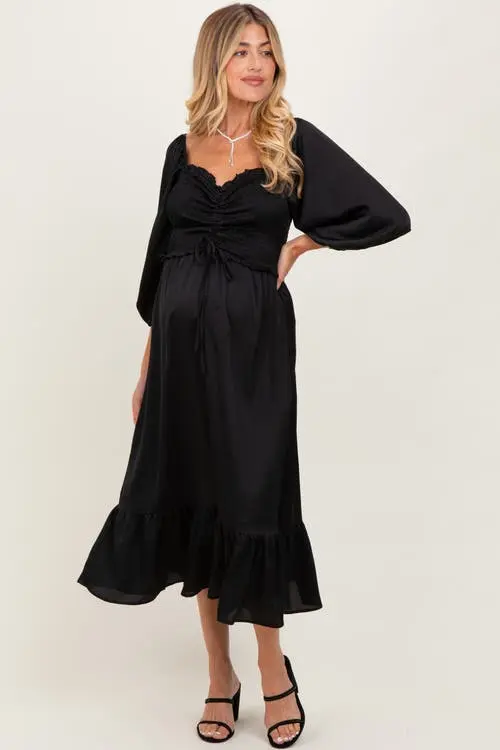 PINKBLUSH Satin Smocked Bust Maternity Midi Dress - Black