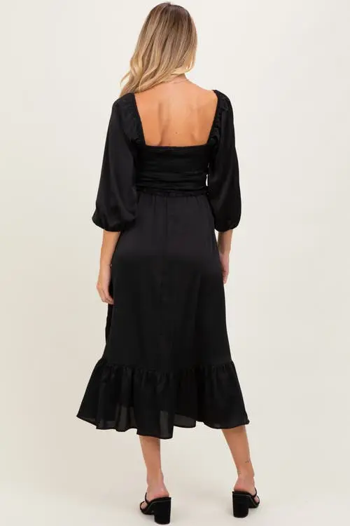 PINKBLUSH Satin Smocked Bust Maternity Midi Dress - Black