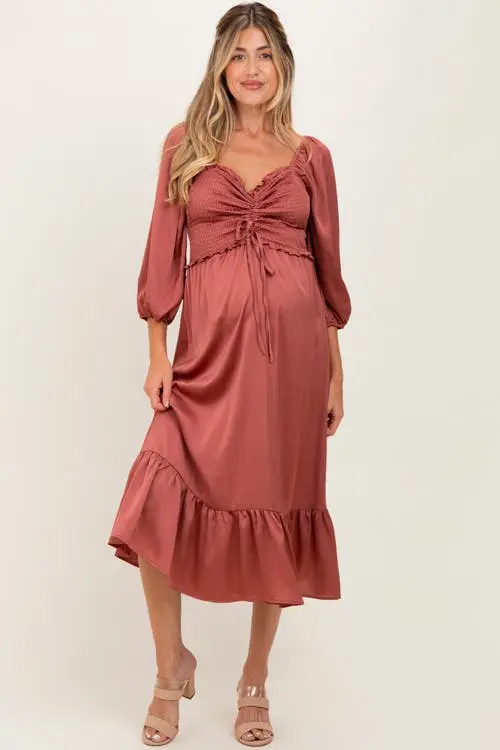 PINKBLUSH Satin Smocked Cinched Bust Midi Dress - Mauve