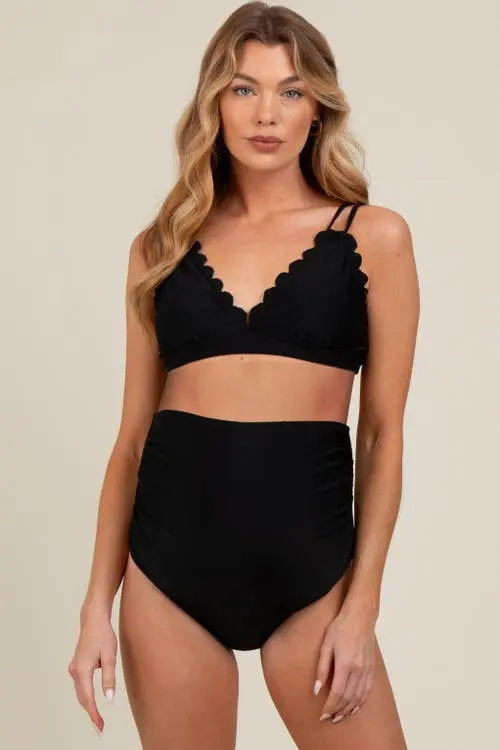 PINKBLUSH Scalloped V-neck High Waist Two-piece Swimsuit - Black
