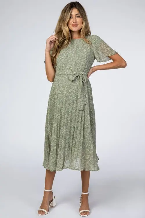 PINKBLUSH Leaf Print Pleated Midi Dress With Flounce Sleeves - Light Olive