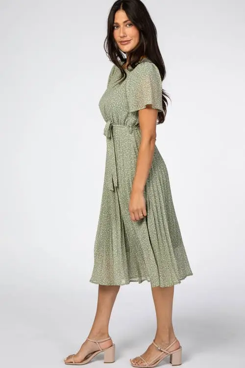 PINKBLUSH Leaf Print Pleated Midi Dress