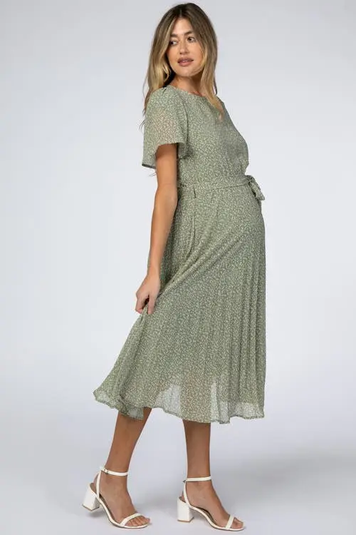 PINKBLUSH Leaf Print Pleated Midi Dress