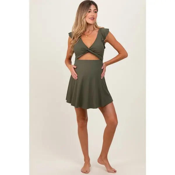 PINKBLUSH Ribbed Ruffle Twist Front Maternity Swim Dress - Olive Green