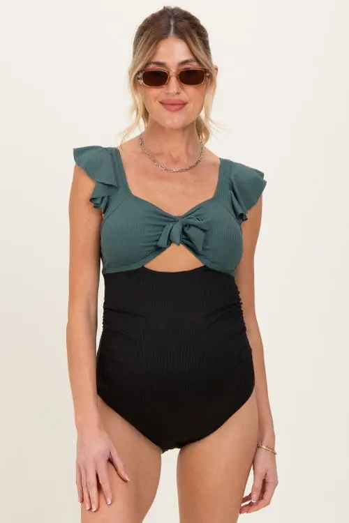 PINKBLUSH Ribbed Front Tie Cutout Ruched Maternity Swimsuit - Light Olive