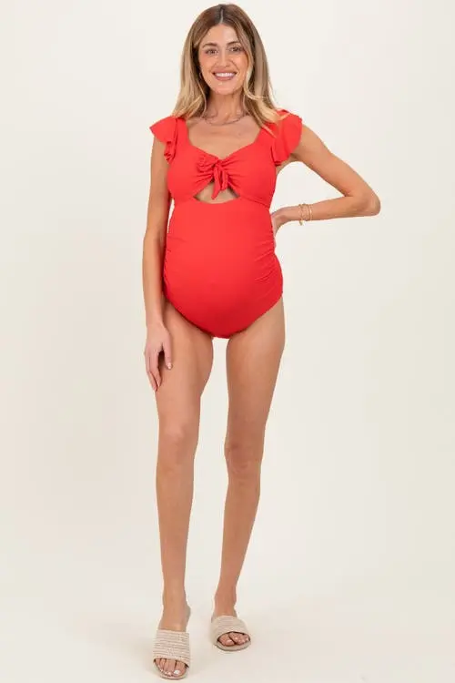 PINKBLUSH Ribbed Front Tie Cutout Ruched Maternity Swimsuit - Red