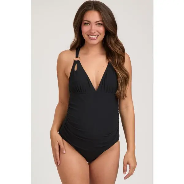 PINKBLUSH Ribbed V-neck Ruched Criss Cross Low Back One Piece Swimsuit - Black