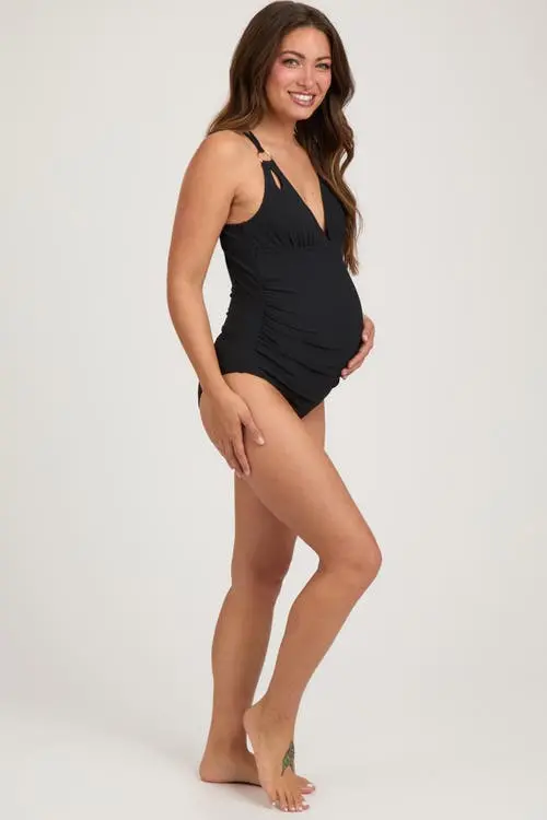 PINKBLUSH Ribbed V-neck Ruched Criss Cross Low Back One Piece Swimsuit