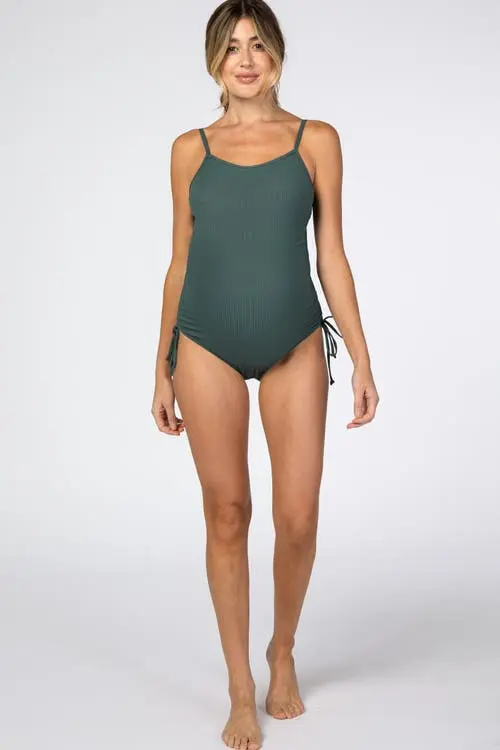 PINKBLUSH Ribbed Side Tie Maternity One-piece Swimsuit - Green