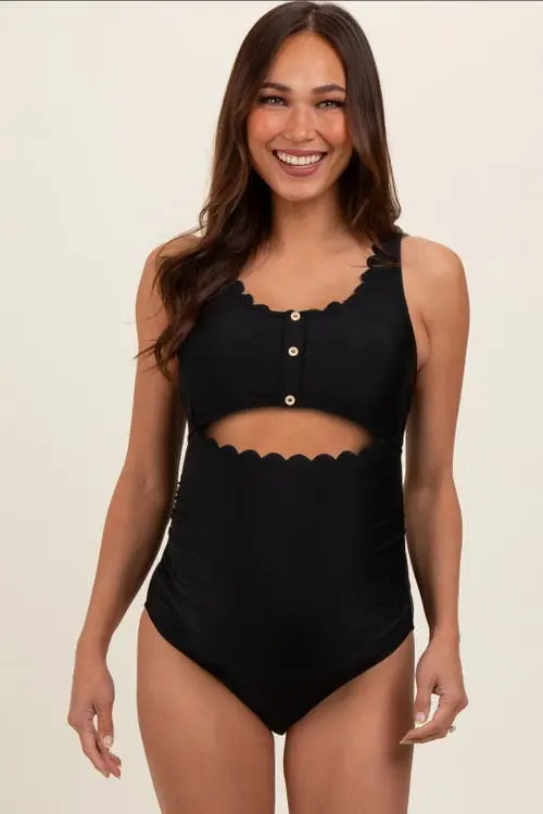 PINKBLUSH Scalloped Cutout Ruched One Piece Swimsuit - Black