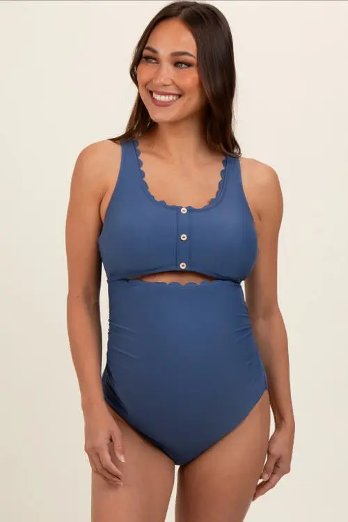PINKBLUSH Scalloped Cutout Ruched One Piece Swimsuit - Blue