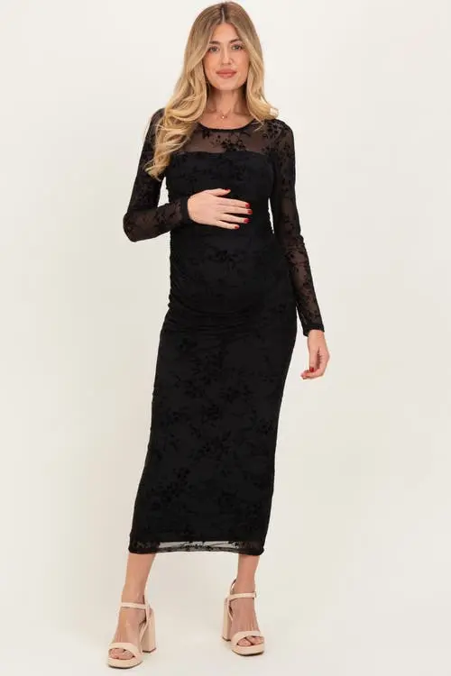 PINKBLUSH Floral Flocked Mesh Midi Dress - Black