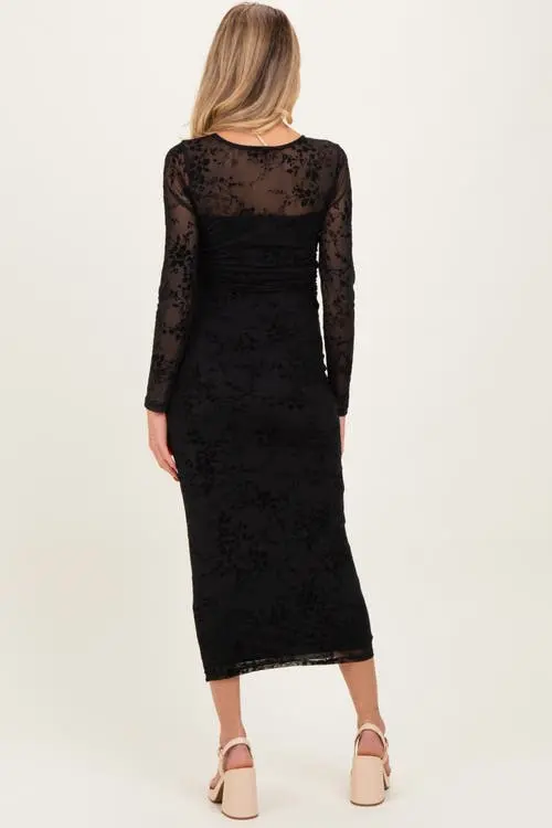 PINKBLUSH Floral Flocked Mesh Midi Dress - Black