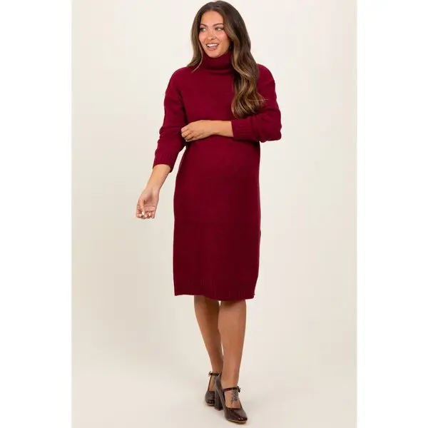 PINKBLUSH Turtleneck Side Slit Midi Sweater Dress - Burgundy