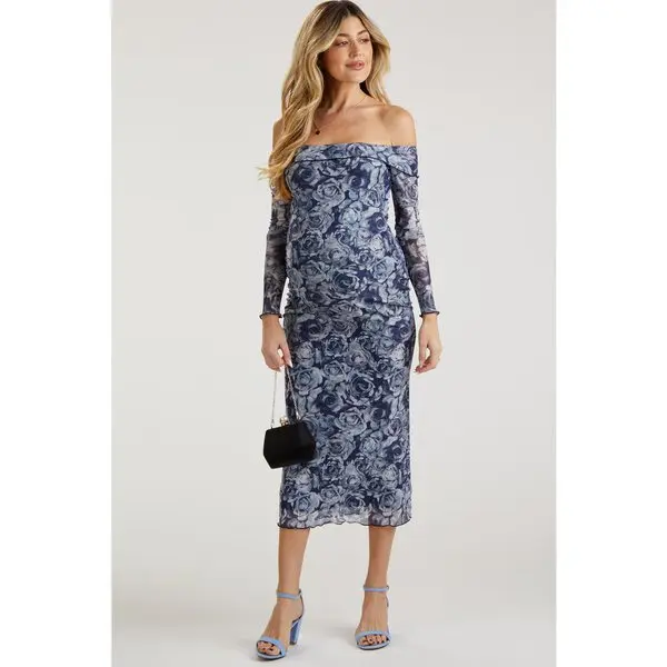PINKBLUSH Floral Off Shoulder Mesh Knit Midi Dress - Navy Blue