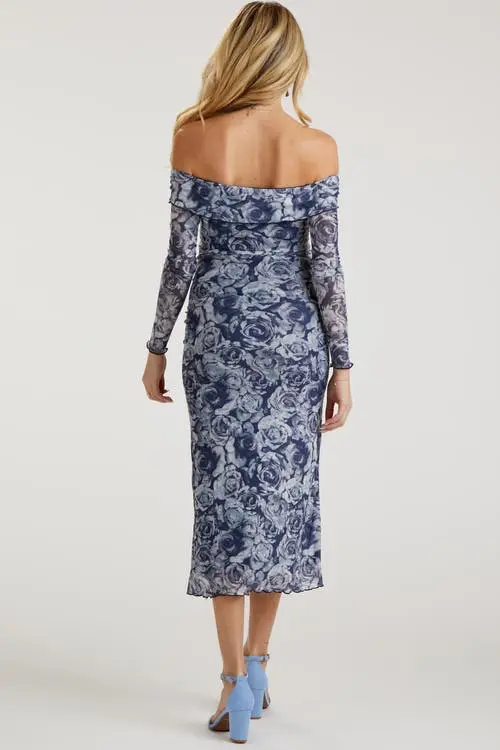 PINKBLUSH Floral Off Shoulder Mesh Knit Midi Dress - Navy Blue