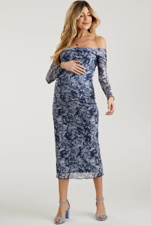 PINKBLUSH Floral Off Shoulder Mesh Knit Midi Dress - Navy Blue