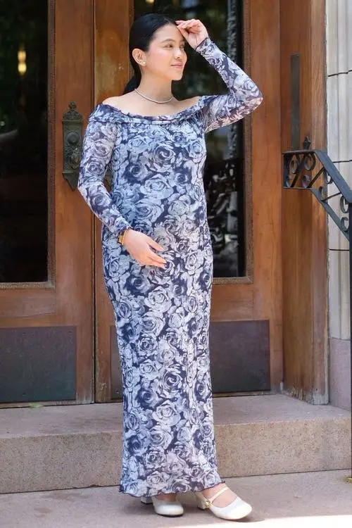 PINKBLUSH Floral Off Shoulder Mesh Knit Midi Dress - Navy Blue