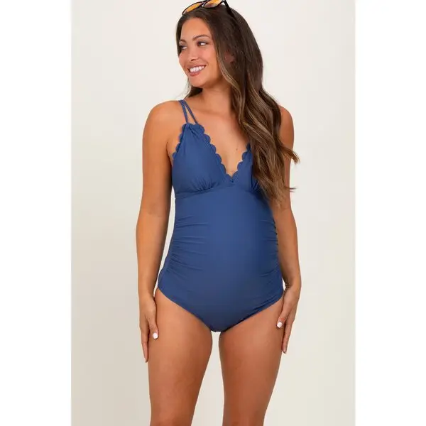 PINKBLUSH Scalloped V-neck Back Tie Cutout Maternity One Piece Swimsuit - Blue